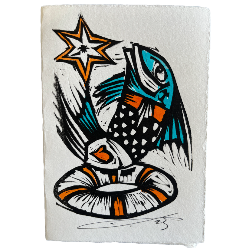 JANE DENNIS | 'Rising Star' | Gift Card | Hand-coloured linocut ...